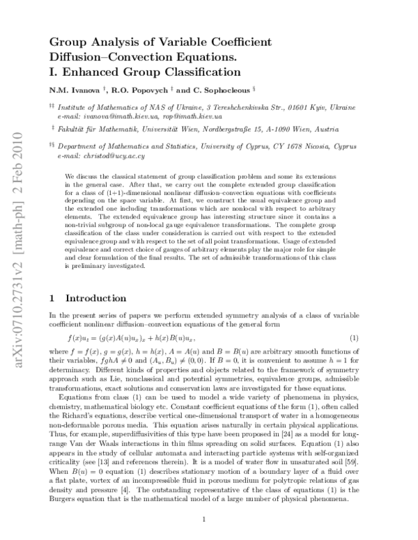Pdf Group Analysis Of Variable Coefficient Diffusion Convection Equations I Enhanced Group