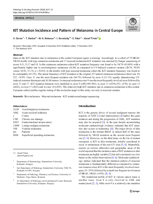 (PDF) KIT Mutation Rates in Central European Melanoma