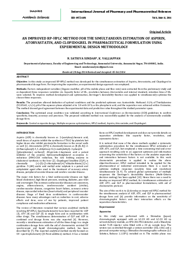 (PDF) AN IMPROVED RP-HPLC METHOD FOR THE SIMULTANEOUS ESTIMATION OF ASPIRIN, ATORVASTATIN, AND ...