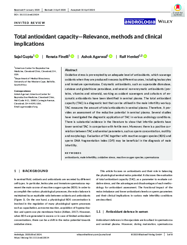 (PDF) Total antioxidant capacity—Relevance, methods and clinical ...