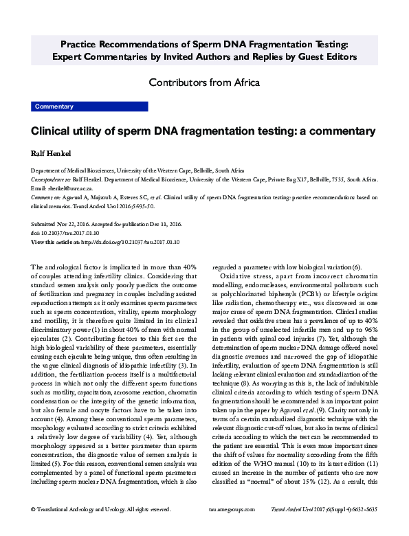 (PDF) Clinical utility of sperm DNA fragmentation testing: a commentary