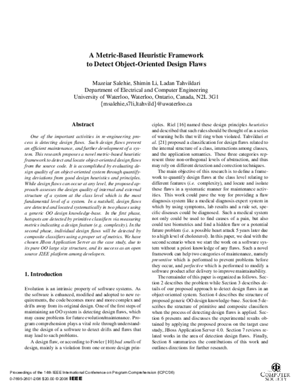 Pdf Detecting Object Oriented Design Flaws With Metrics Framework