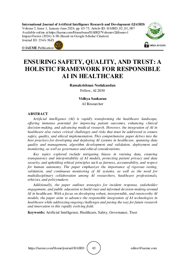 (PDF) ENSURING SAFETY, QUALITY, AND TRUST: A HOLISTIC FRAMEWORK FOR RESPONSIBLE AI IN HEALTHCARE