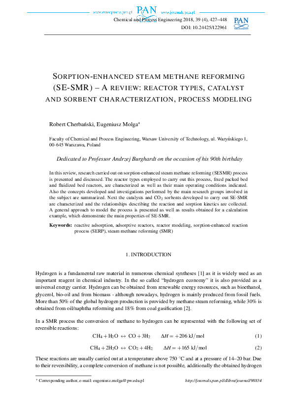 (PDF) Sorption-enhanced steam methane reforming (SE-SMR) – A review: Reactor types, catalysts ...