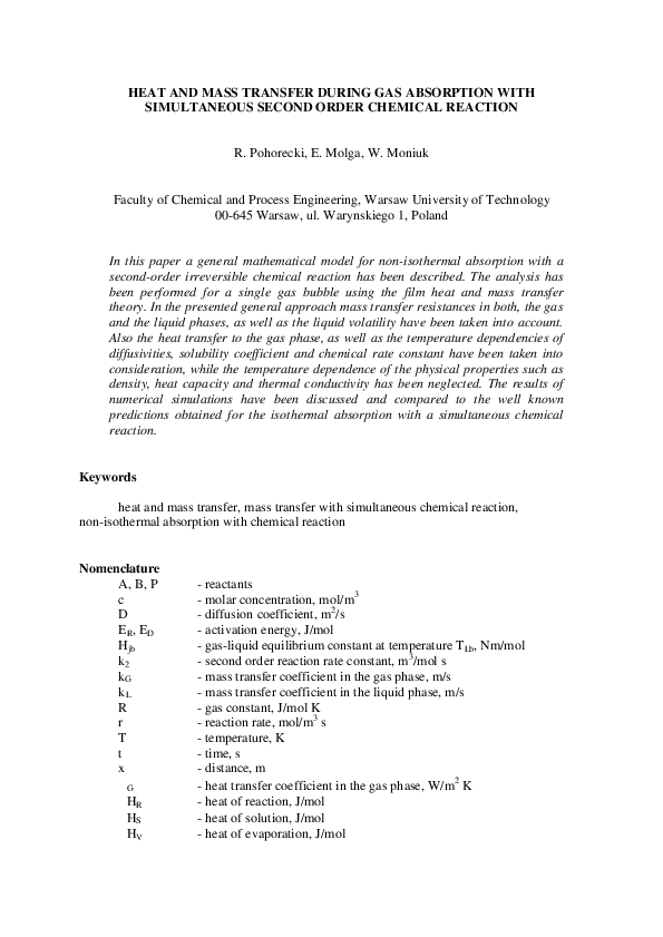 (PDF) Heat and Mass Transfer During Gas Absorption with Simultaneous Second-Order Chemical Reaction