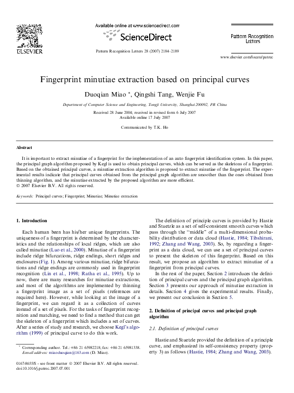 Pdf Fingerprint Minutiae Extraction Based On Principal Curves