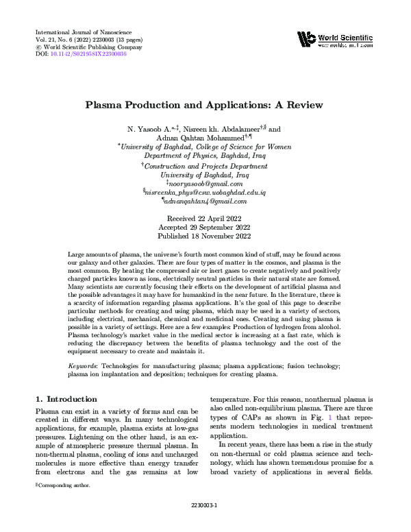 (PDF) Plasma Production and Applications: A Review