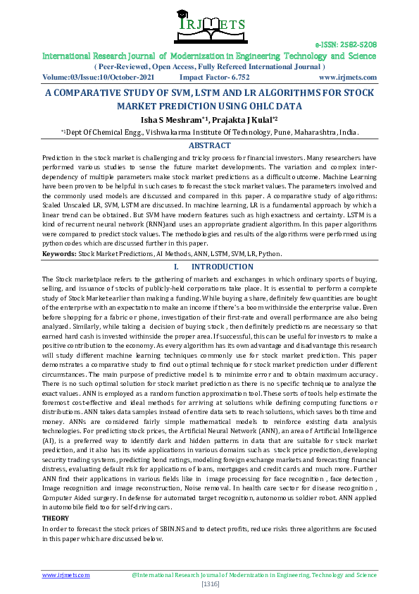 (PDF) A COMPARATIVE STUDY OF SVM, LSTM AND LR ALGORITHMS FOR STOCK ...