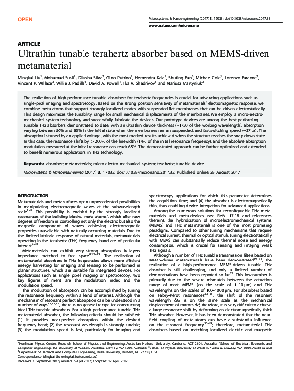 (PDF) Ultrathin tunable terahertz absorber based on MEMS-driven metamaterial | Dilusha Silva ...