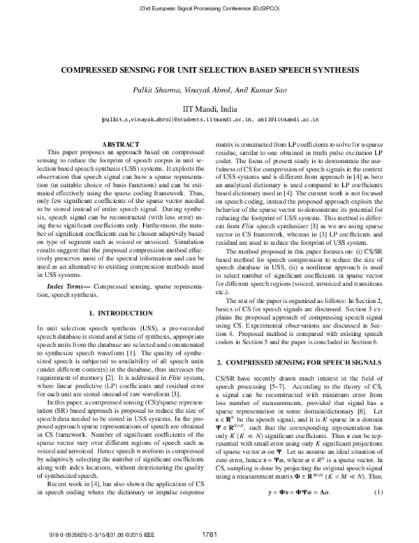 (PDF) Compressed sensing for unit selection based speech synthesis