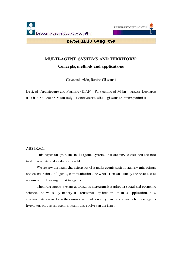 (PDF) Multi-Agents Systems and Territory: Concepts, Methods and Applications