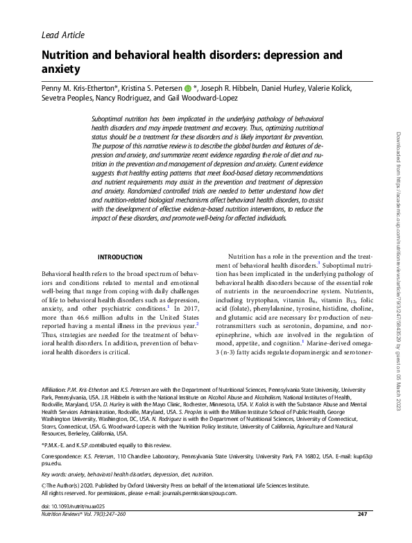 (PDF) Nutrition and behavioral health disorders: depression and anxiety