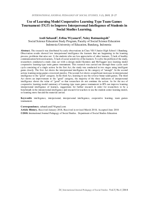 (PDF) Use of Learning Model Cooperative Learning Type Team Games Tournament (TGT) to Improve ...