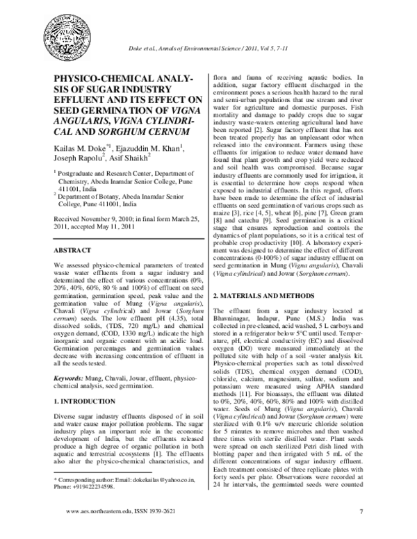 (PDF) Physico-Chemical Analysis of Sugar Industry Effluent and its ...