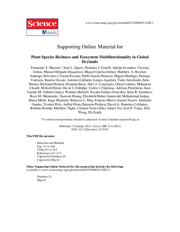 (PDF) Plant Species Richness and Ecosystem Multifunctionality in Global ...