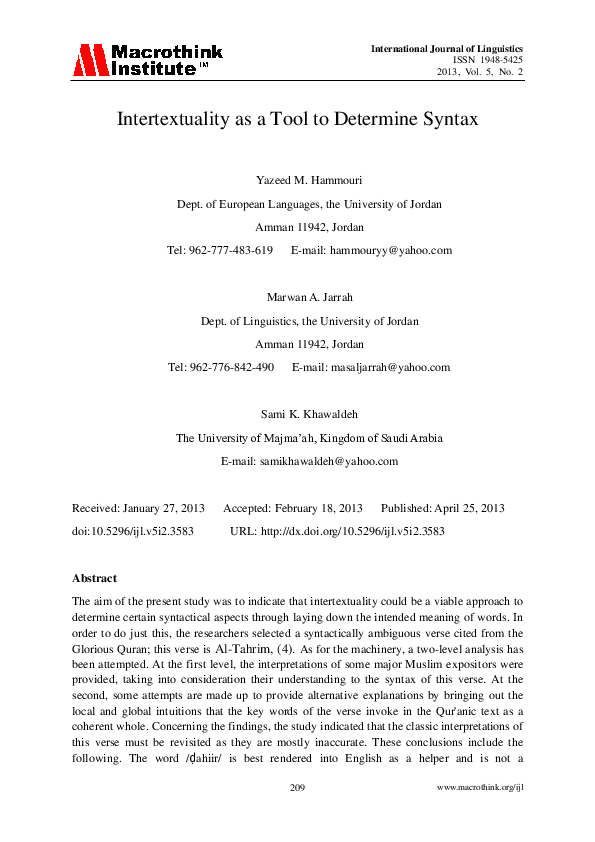 (PDF) Intertextuality as a Tool to Determine Syntax