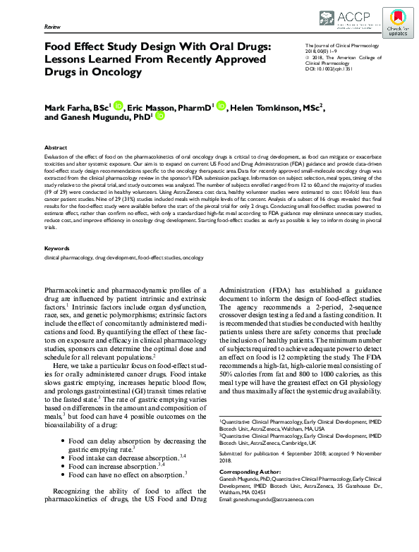 (PDF) Food Effect Study Design With Oral Drugs: Lessons Learned From ...