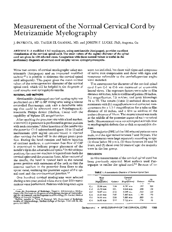 (PDF) Measurement of the Normal Cervical Cord by Metrizamide Myelography