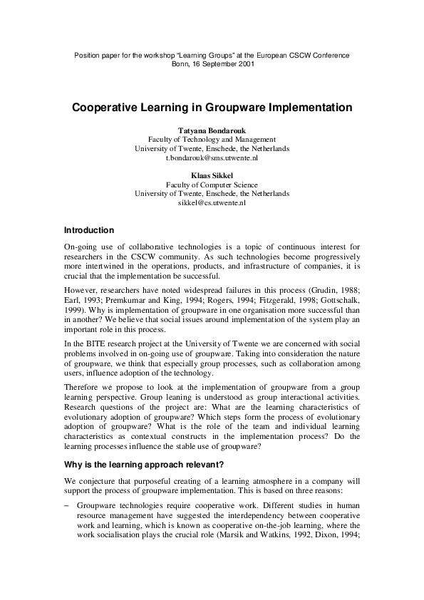 (PDF) Cooperative learning in groupware implementation