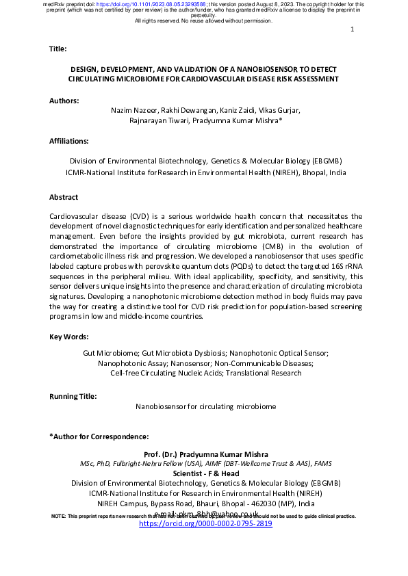 (PDF) Nanobiosensor for Circulating Microbiome Detection in CVD Risk