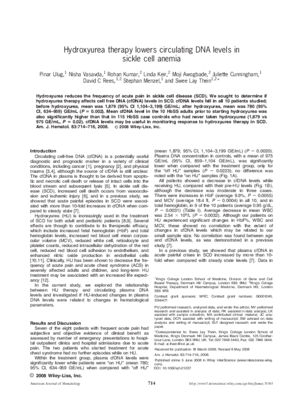 (PDF) Hydroxyurea therapy lowers circulating DNA levels in sickle cell ...