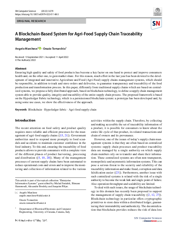 Pdf A Blockchain Based System For Agri Food Supply Chain Traceability
