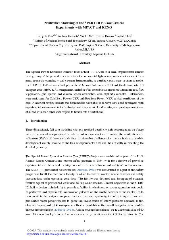 (PDF) Neutronics modeling of the SPERT III E-Core critical experiments with MPACT and KENO