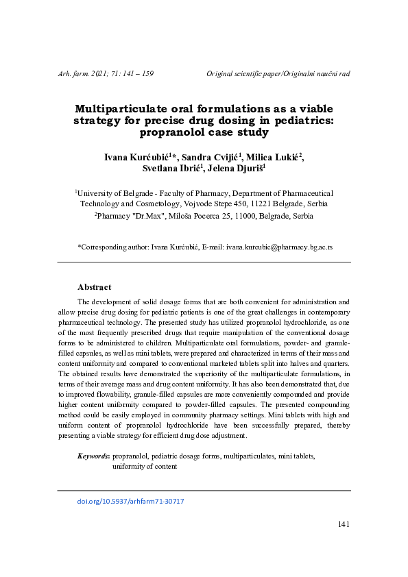 (PDF) Multiparticulate oral formulations as a viable strategy for ...