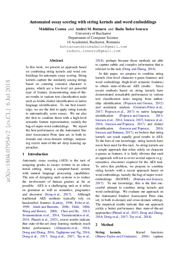 (PDF) Automated essay scoring with string kernels and word embeddings