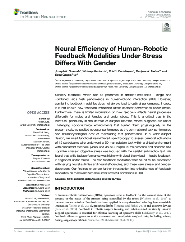 (PDF) Neural Efficiency of Human–Robotic Feedback Modalities Under Stress Differs With Gender