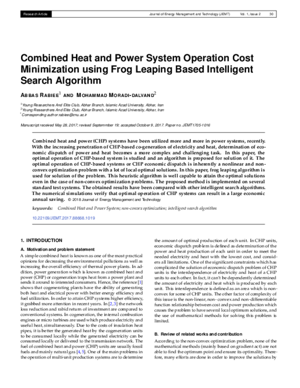 Combined Heat and Power System Operation Cost Minimization using Frog Leaping Based Intelligent ...