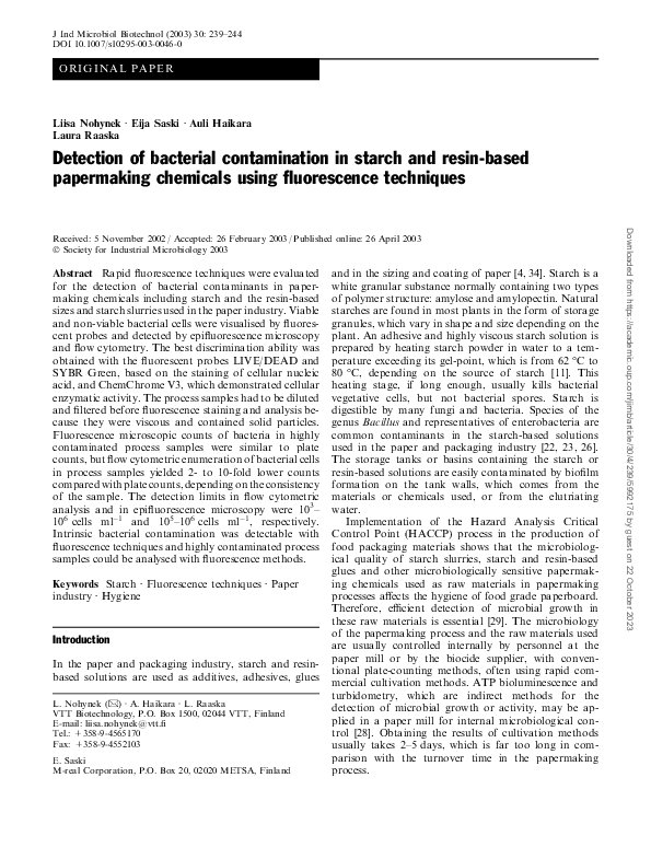 (PDF) Detection of bacterial contamination in starch and resin-based ...