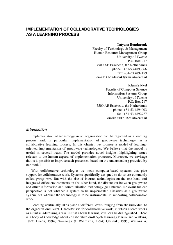 (PDF) Implementation of Collaborative Technologies as a Learning Process