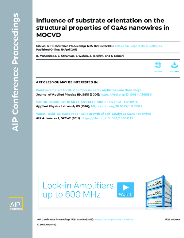 (PDF) Influence of substrate orientation on the structural properties of GaAs nanowires in MOCVD