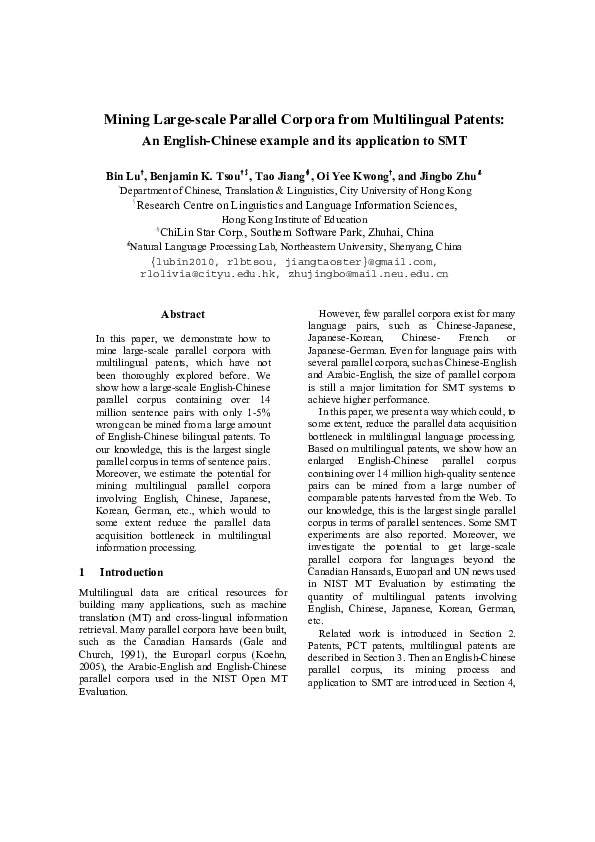 (PDF) Mining large-scale parallel corpora from multilingual patents: An English-Chinese example ...