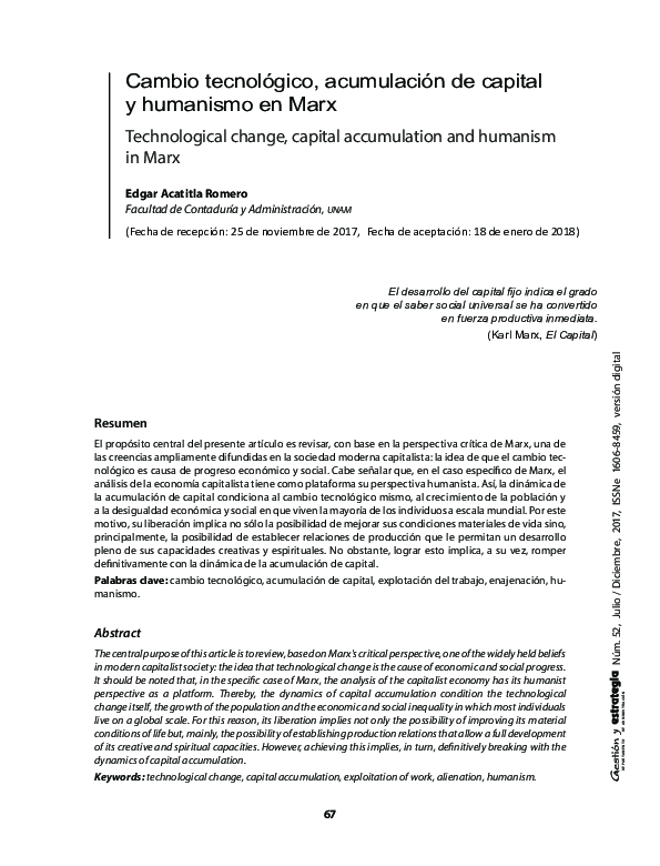 (PDF) Cambio tecnológico, acumulación de capital y humanismo en Marx