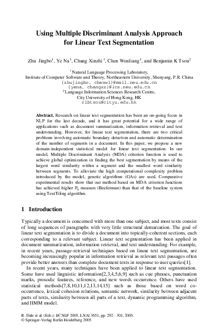 Pdf Using Multiple Discriminant Analysis Approach For Linear Text Segmentation