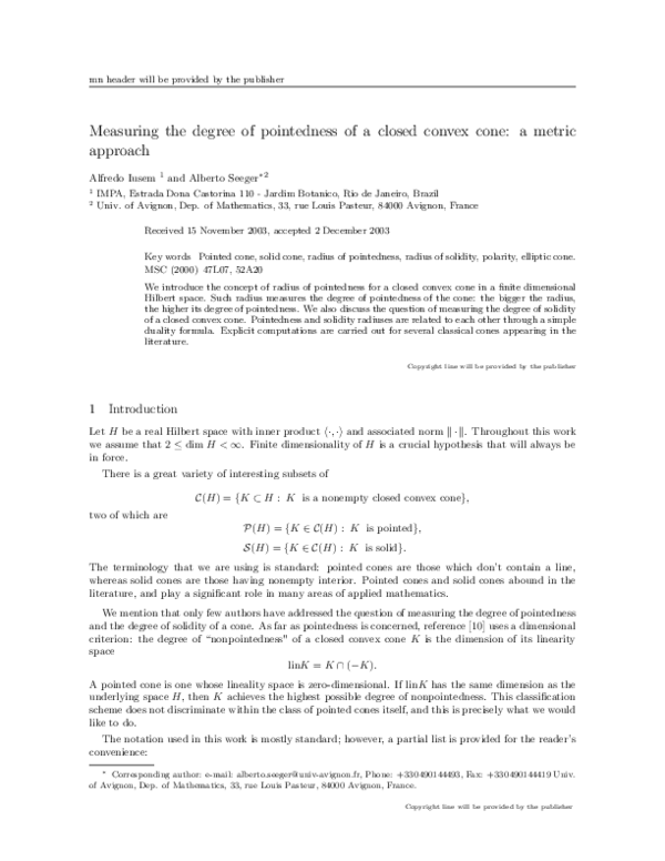 (PDF) Measuring the degree of pointedness of a closed convex cone: a ...