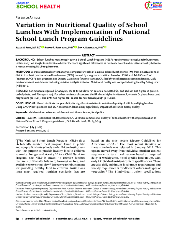 (PDF) Variation in Nutritional Quality of School Lunches With ...