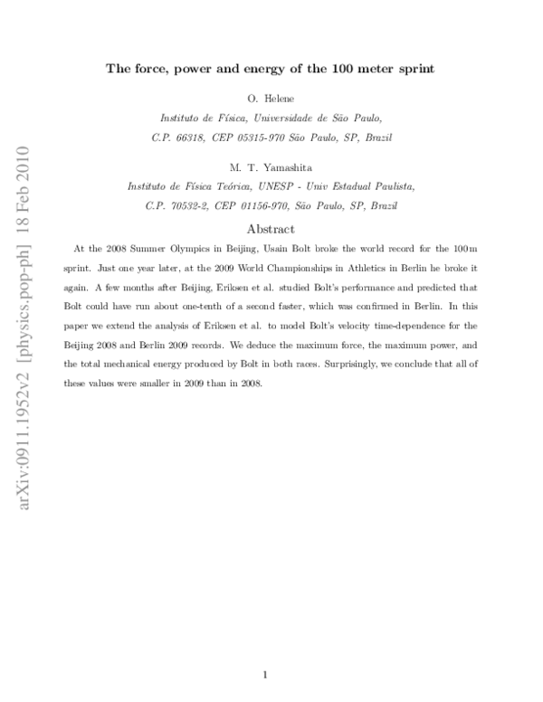 (PDF) The force, power, and energy of the 100 meter sprint