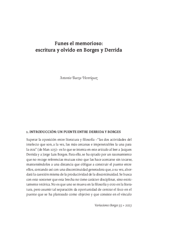 (PDF) Funes el memorioso: Escritura y olvido en Borges y Derrida