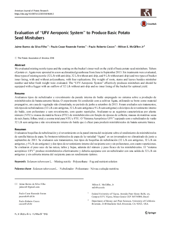 (PDF) Evaluation of “UFV Aeroponic System” to Produce Basic Potato Seed ...