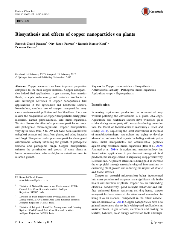 (PDF) Biosynthesis and effects of copper nanoparticles on plants