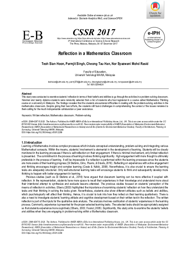 (PDF) Reflection in a Mathematics Classroom