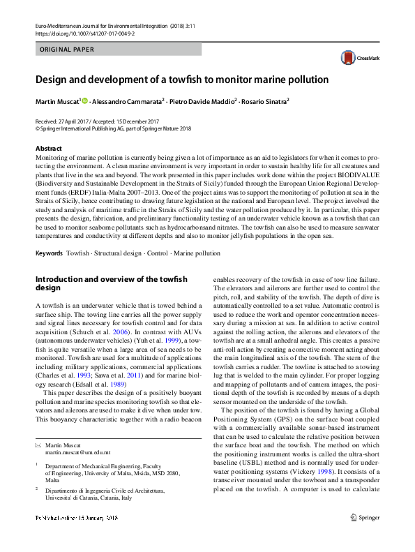 (PDF) Design and development of a towfish to monitor marine pollution