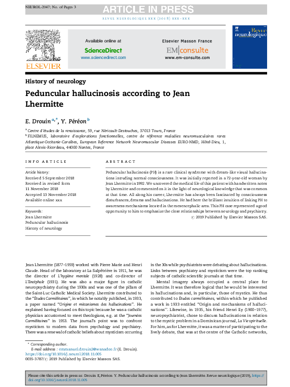 (PDF) Peduncular hallucinosis according to Jean Lhermitte