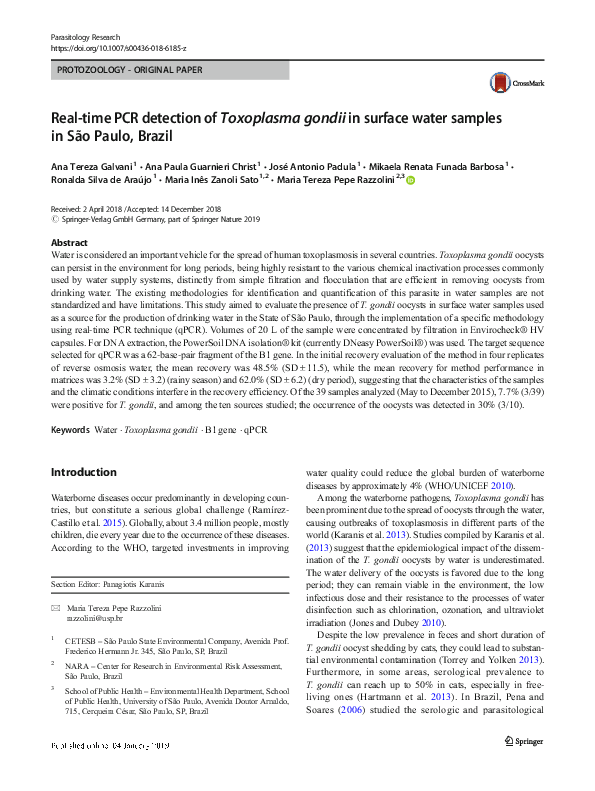 Pdf Real Time Pcr Detection Of Toxoplasma Gondii In Surface Water Samples In São Paulo Brazil