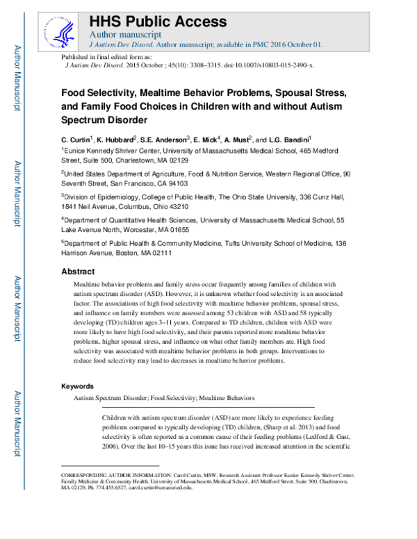 (PDF) Food Selectivity, Mealtime Behavior Problems, Spousal Stress, and ...