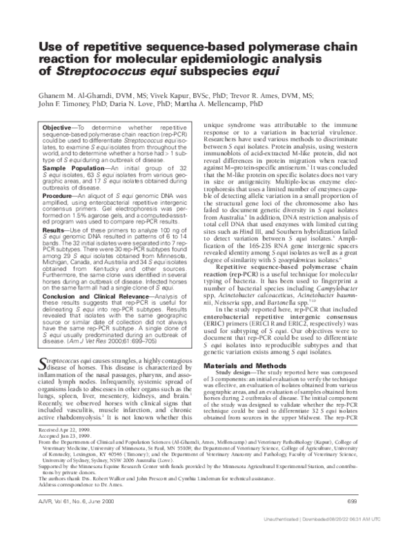 (PDF) Use of repetitive sequence-based polymerase chain reaction for molecular epidemiologic ...