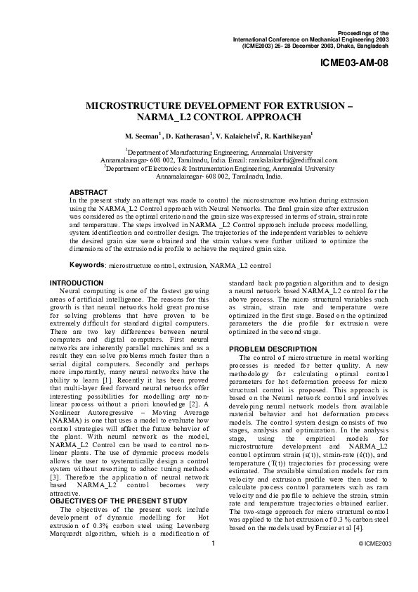 (PDF) Microstructure Development for Extrusion- NARMA_L2 Control Approach